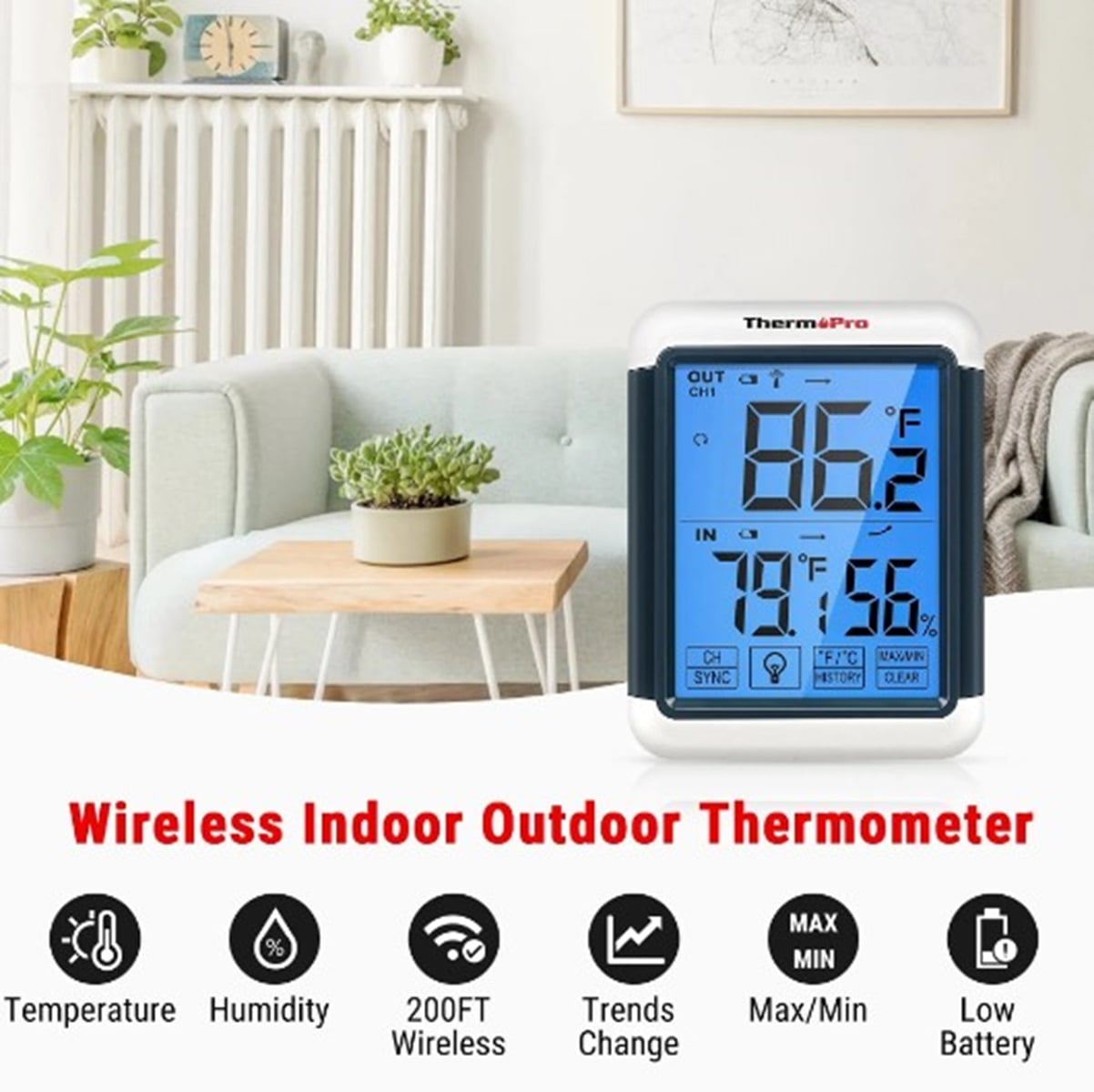 ThermoPro TP65c Indoor Outdoor Temperature and Humidity Monitor