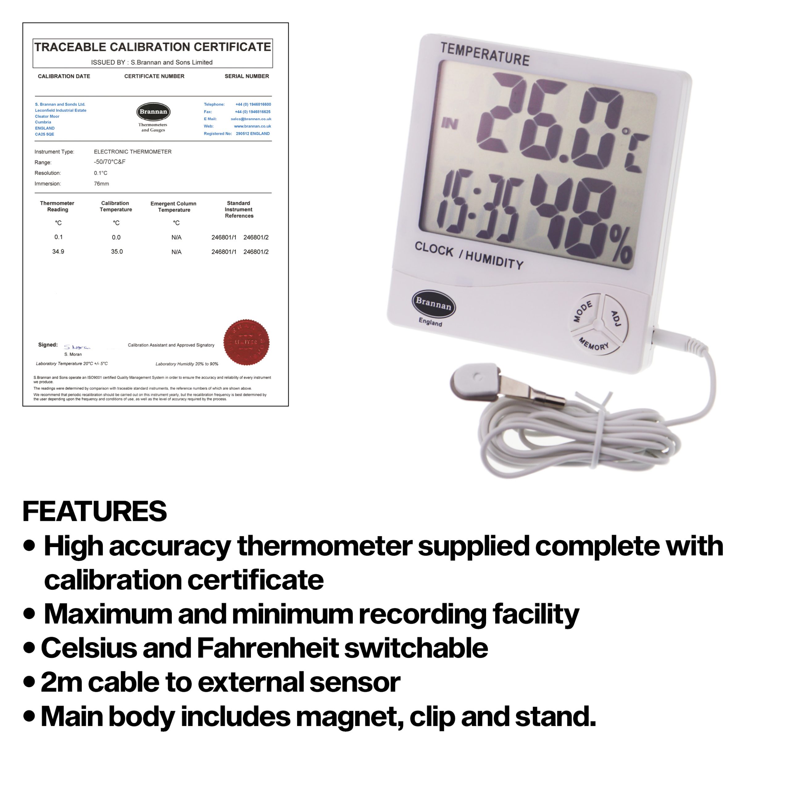 Brannan Calibrated Dual-Display Indoor/Outdoor Thermometer & Hygrometer